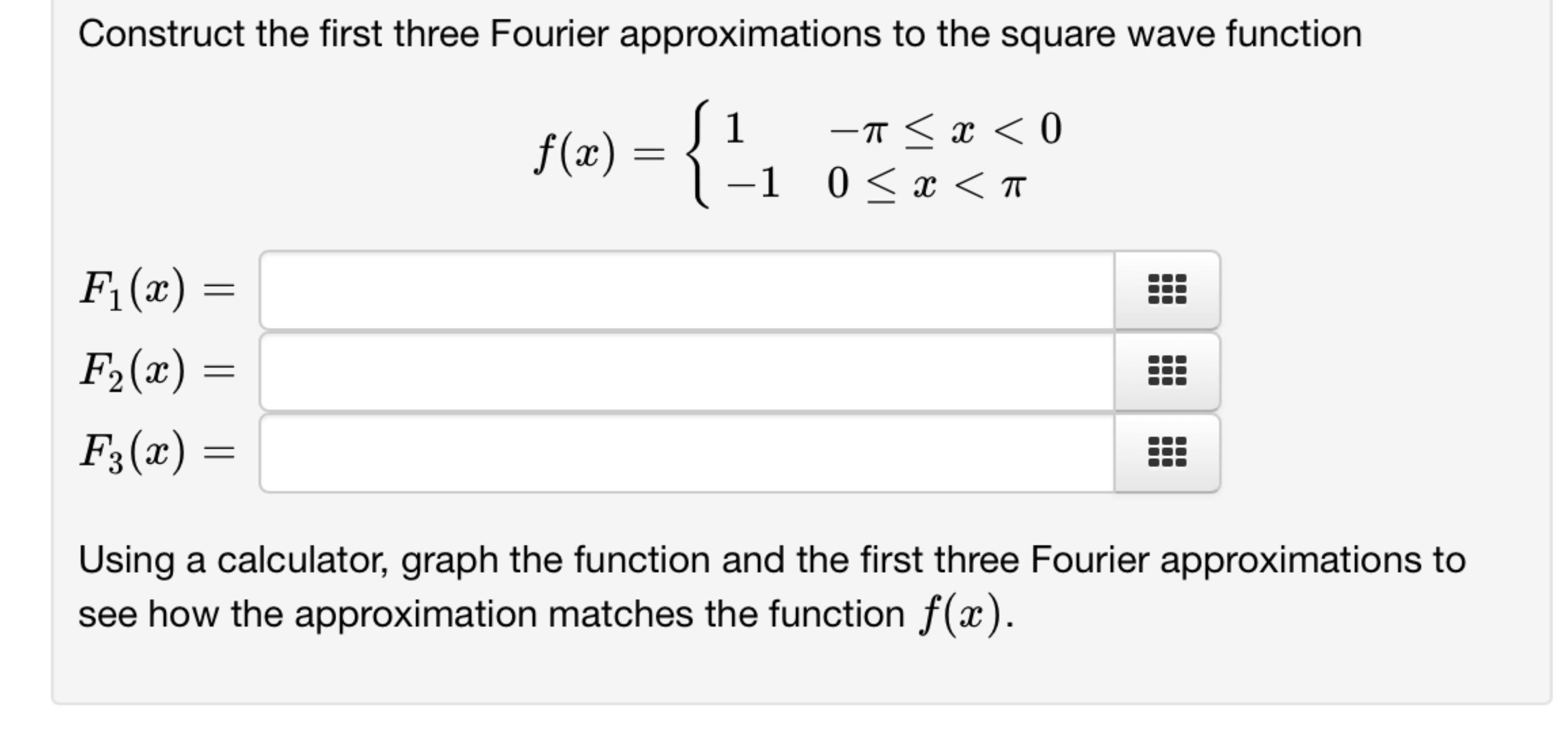 Solved Construct the first three Fourier approximations to | Chegg.com