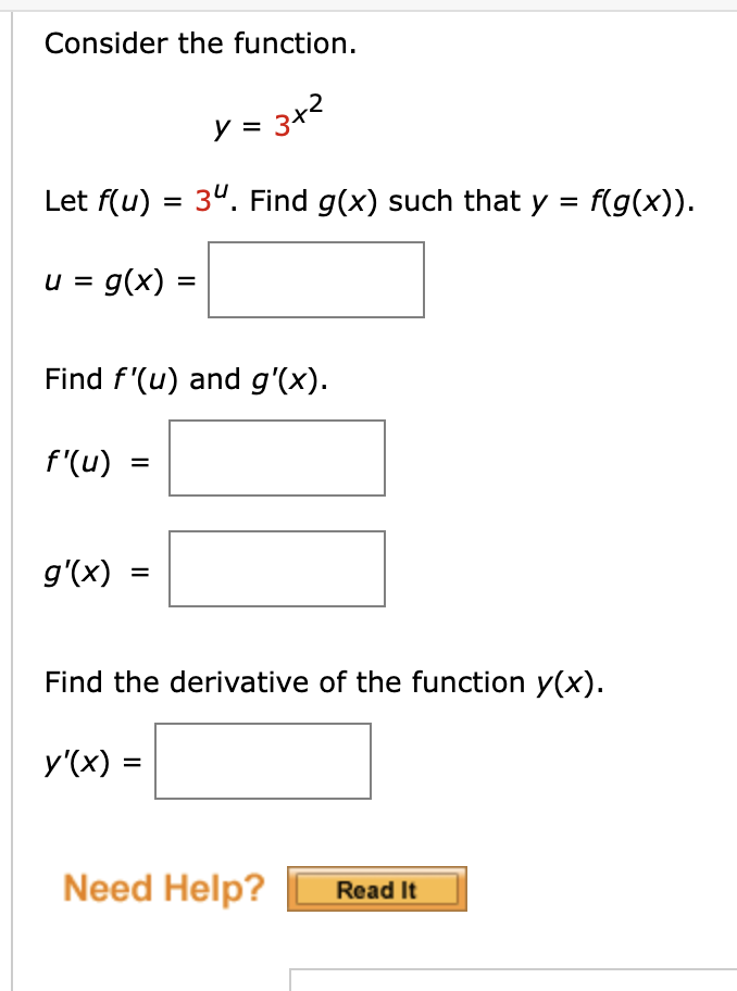 Solved Consider the function. y=3x2 Let f(u)=3u. Find g(x) | Chegg.com