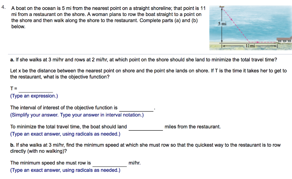 Solved 4. A boat on the ocean is 5 mi from the nearest point | Chegg.com