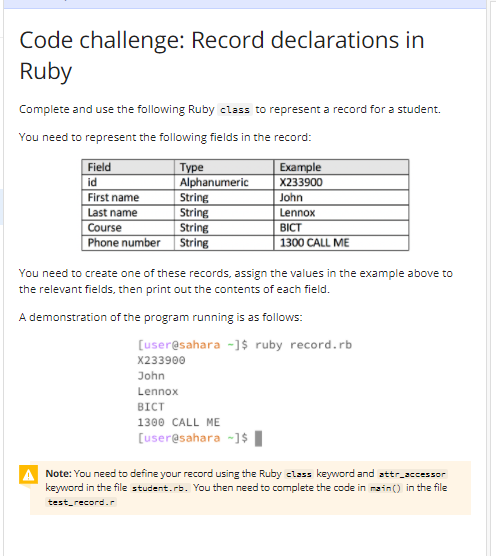 Solved Code challenge: Record declarations in Ruby Complete | Chegg.com