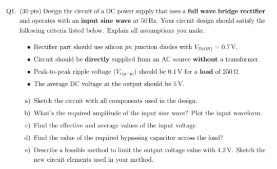Solved Q1. (30 pts) Design the circuit of a DC power supply | Chegg.com
