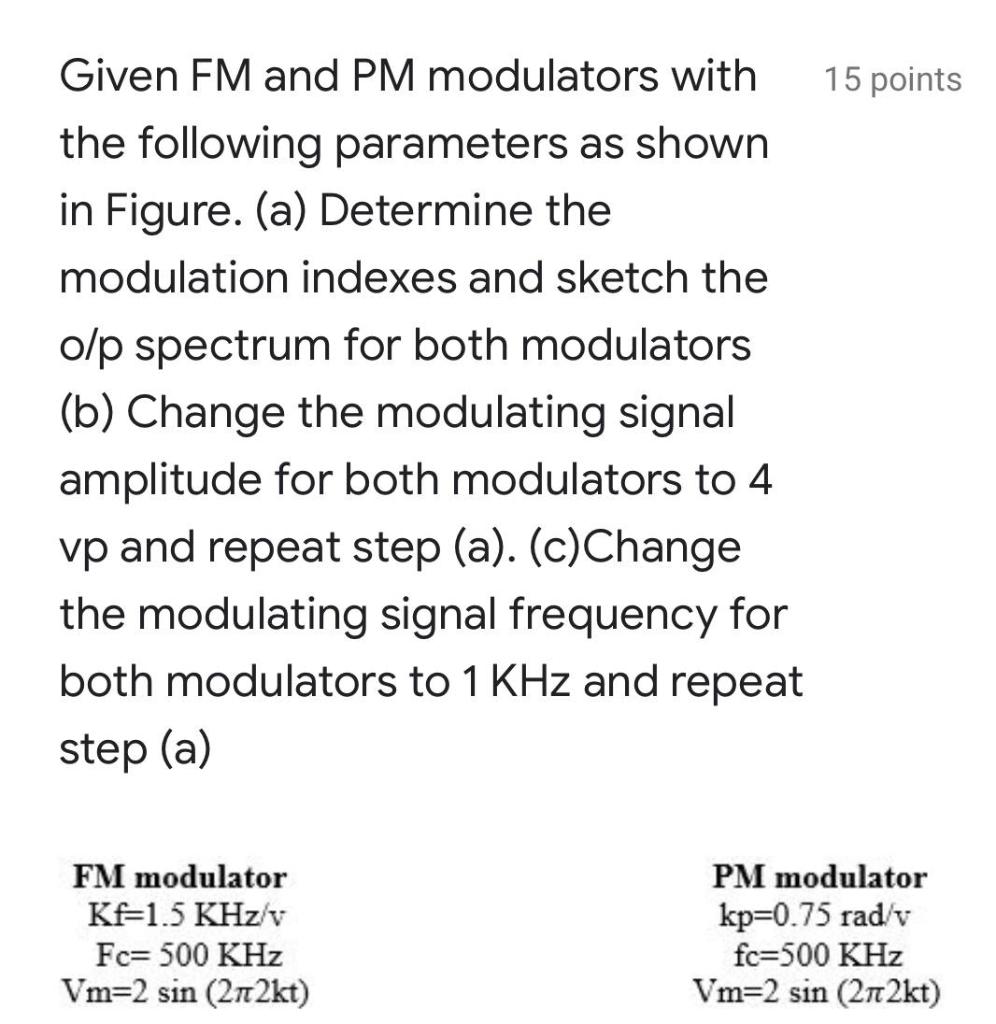 Solved 15 points Given FM and PM modulators with the | Chegg.com