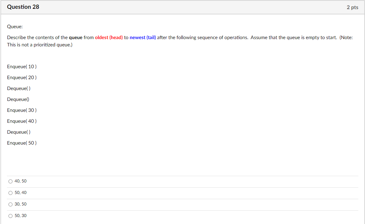 Solved Question 28 2 pts Queue: Describe the contents of the | Chegg.com