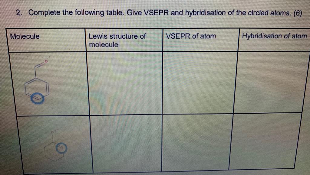 Solved 2. Complete the following table. Give VSEPR and | Chegg.com