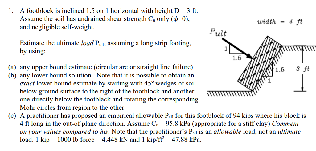 Solved 1. A footblock is inclined 1.5 on 1 horizontal with | Chegg.com