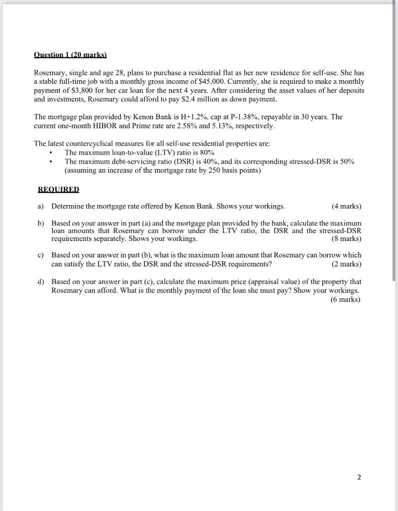 Question 1 (20 marks) Rosemary, single and age 28, | Chegg.com