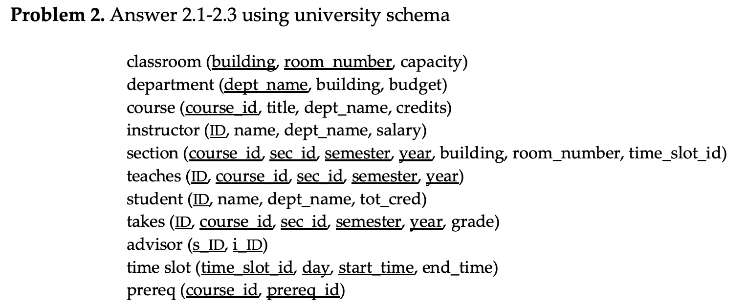Solved Problem 2. Answer 2.1-2.3 using university schema | Chegg.com