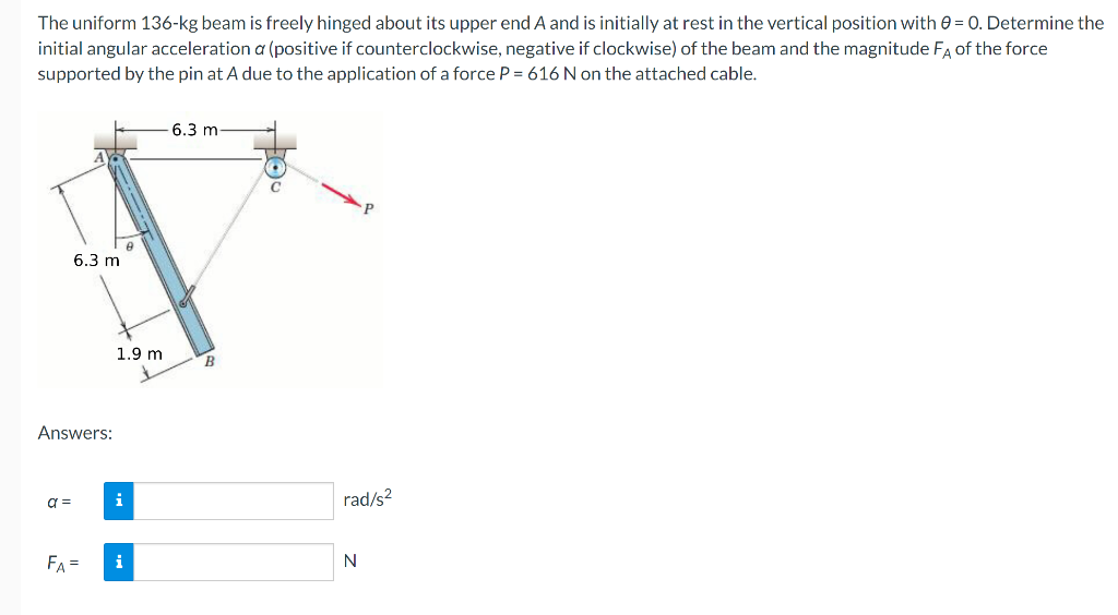Solved The uniform 136 -kg beam is freely hinged about its | Chegg.com