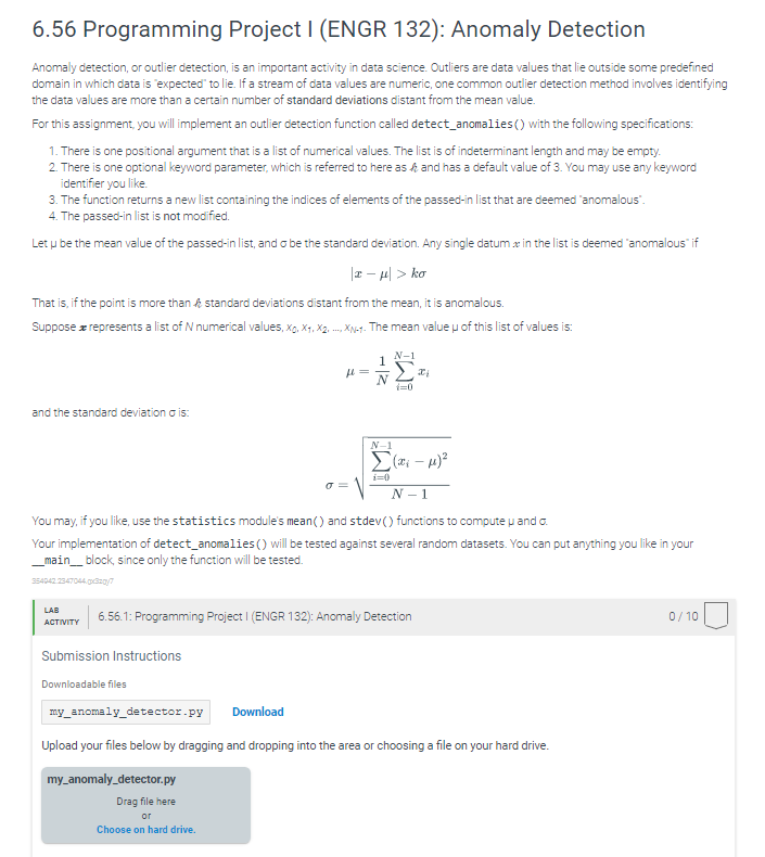 6.56 Programming Project I (ENGR 132): Anomaly | Chegg.com