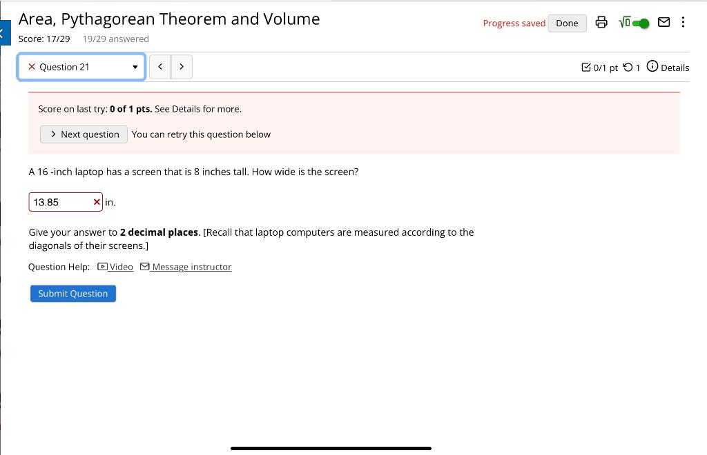 Solved Area, Pythagorean Theorem and Volume Progress saved | Chegg.com
