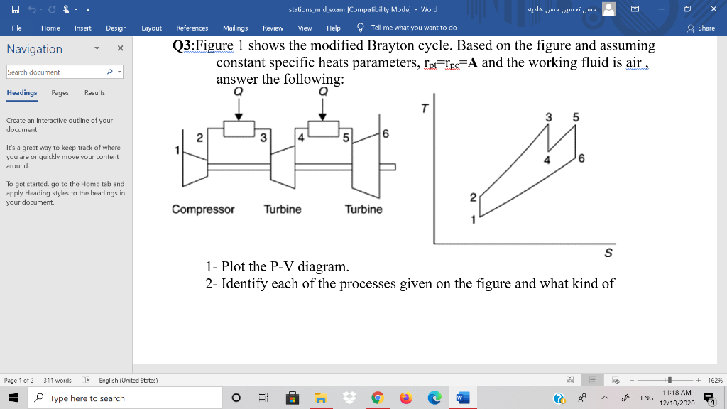 Solved Figure 1 shows the modified Brayton cycle. Based on | Chegg.com