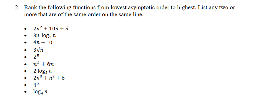 Solved 2. Rank the following functions from lowest | Chegg.com