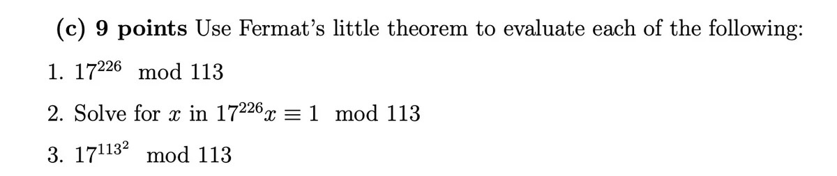 Solved (c) 9 points Use Fermat's little theorem to evaluate | Chegg.com