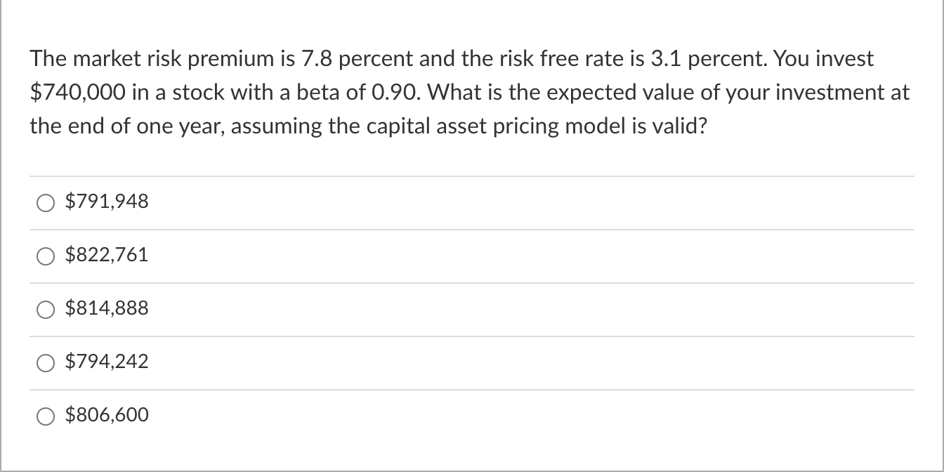 Solved The market risk premium is 7.8 percent and the risk | Chegg.com