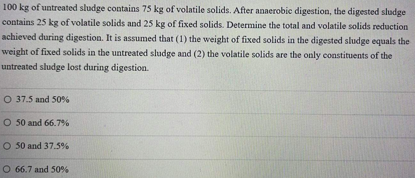 Solved 100 kg of untreated sludge contains 75 kg of volatile | Chegg.com
