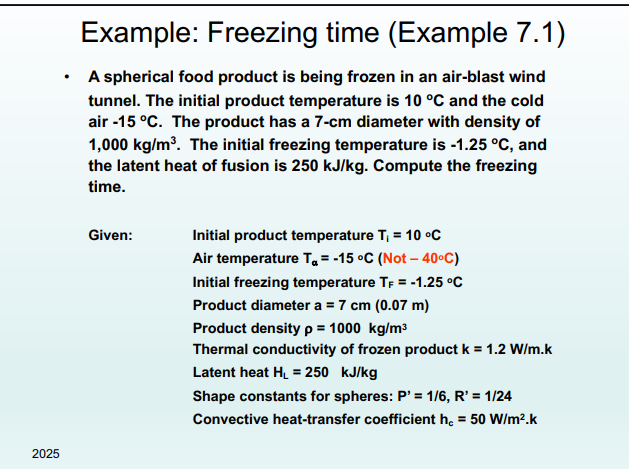 Solved Example: Freezing time (Example 7.1)A spherical food | Chegg.com