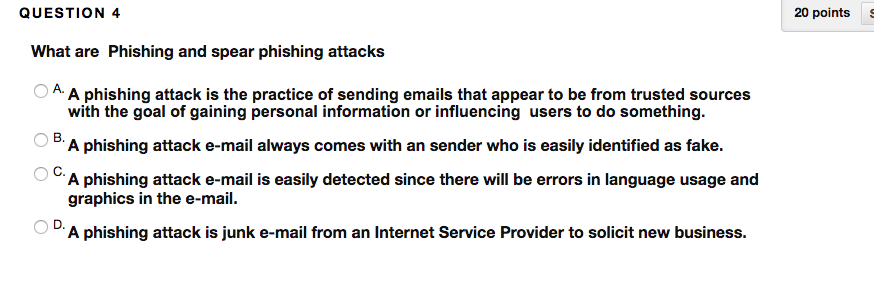 Solved QUESTION 4 20 pointsS What are Phishing and spear | Chegg.com