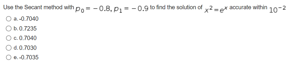 Solved Use the Secant method with p0=−0.8,p1=−0.9 to find | Chegg.com