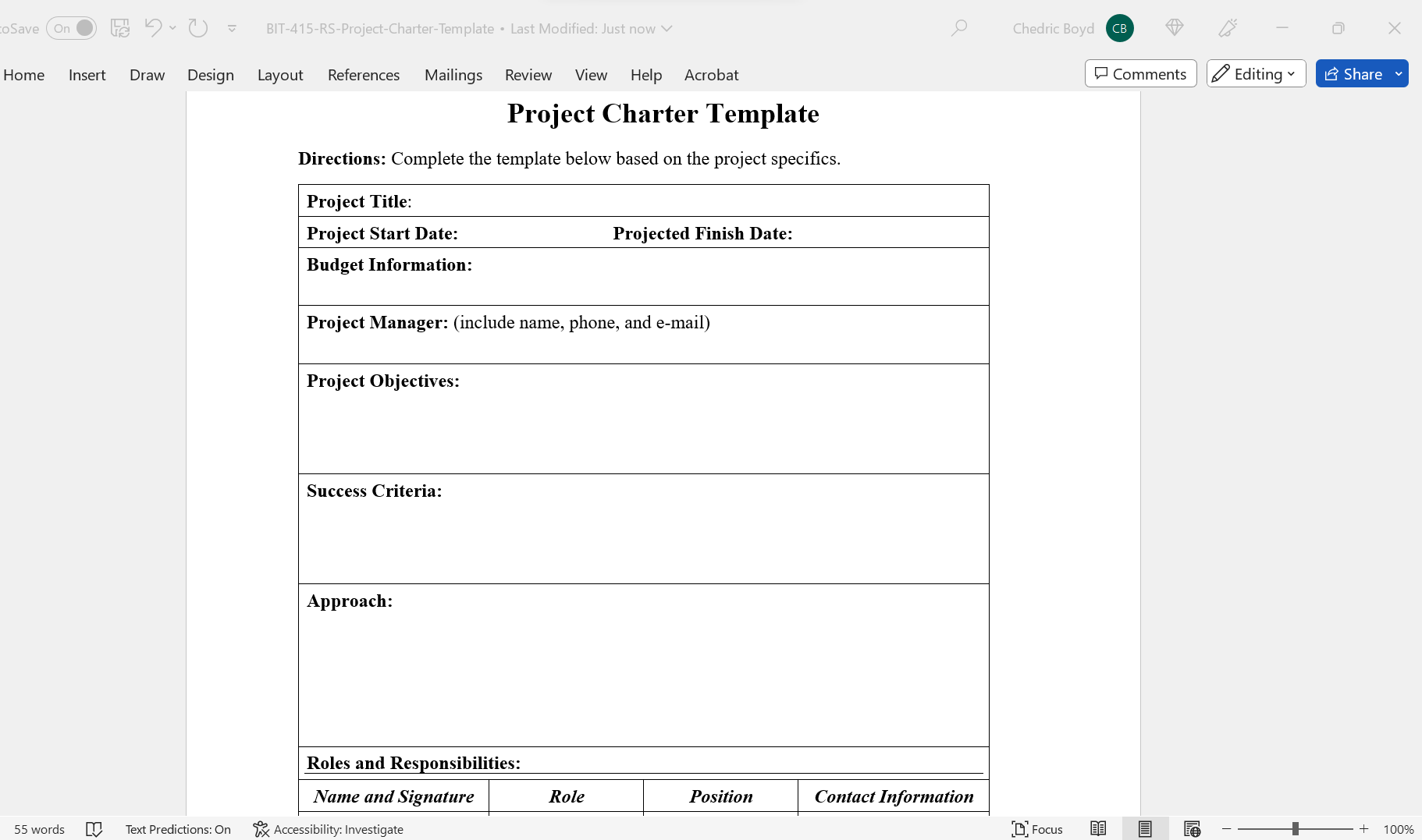 Solved Using the "Project Charter Template," construct a | Chegg.com