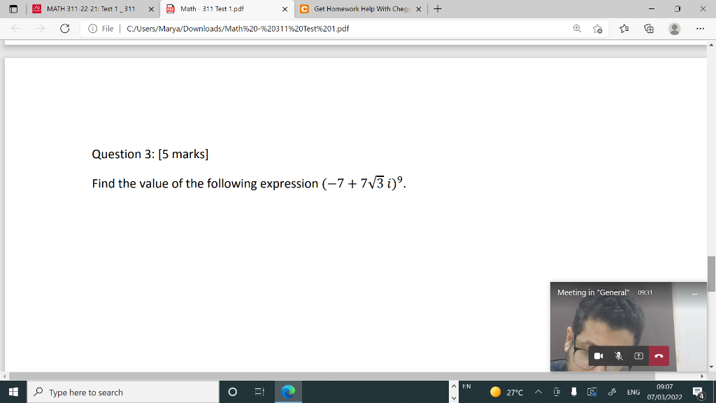 Solved A MATH 311-22 21: Test 1 311 Math - 311 Test 1.pdf C | Chegg.com