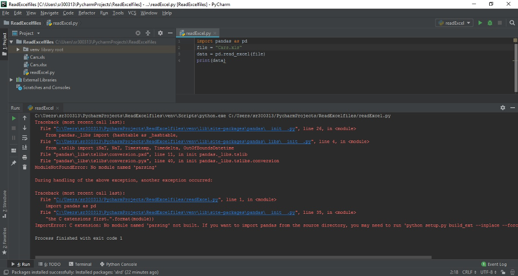 Hello, I have installed pandas and xlrd in pycharm in | Chegg.com