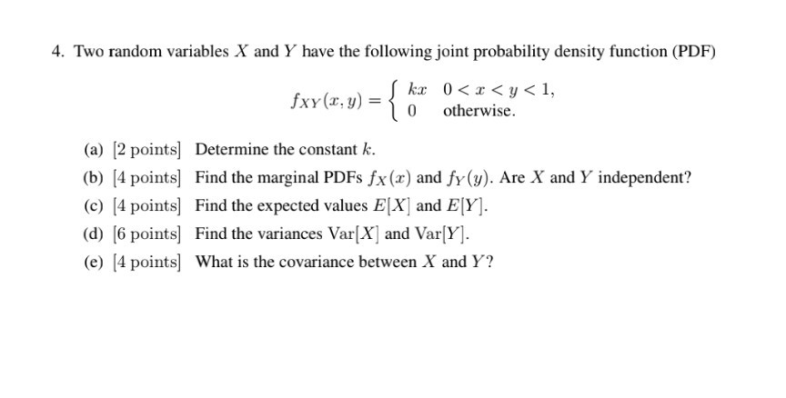 Solved 4. Two random variables X and Y have the following | Chegg.com