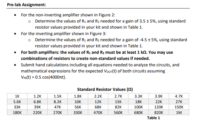 Solved Pre-lab Assignment For the non-inverting amplifier | Chegg.com