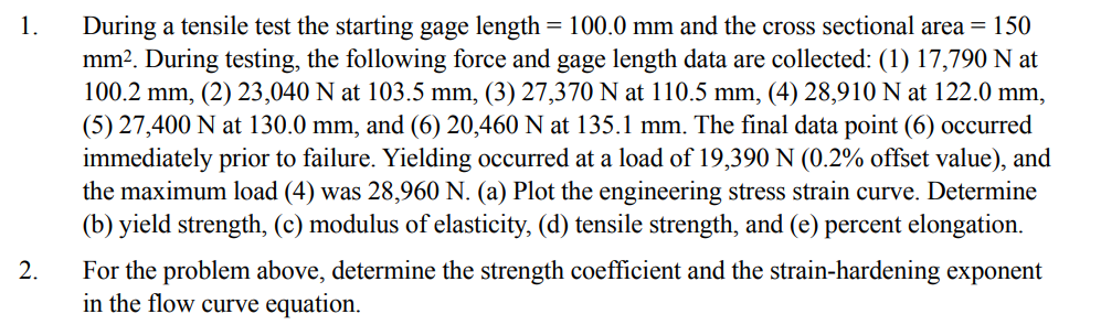 During a tensile test the starting gage length =100.0 | Chegg.com
