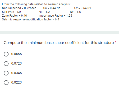Solved * Compute the base shear coefficient for this | Chegg.com