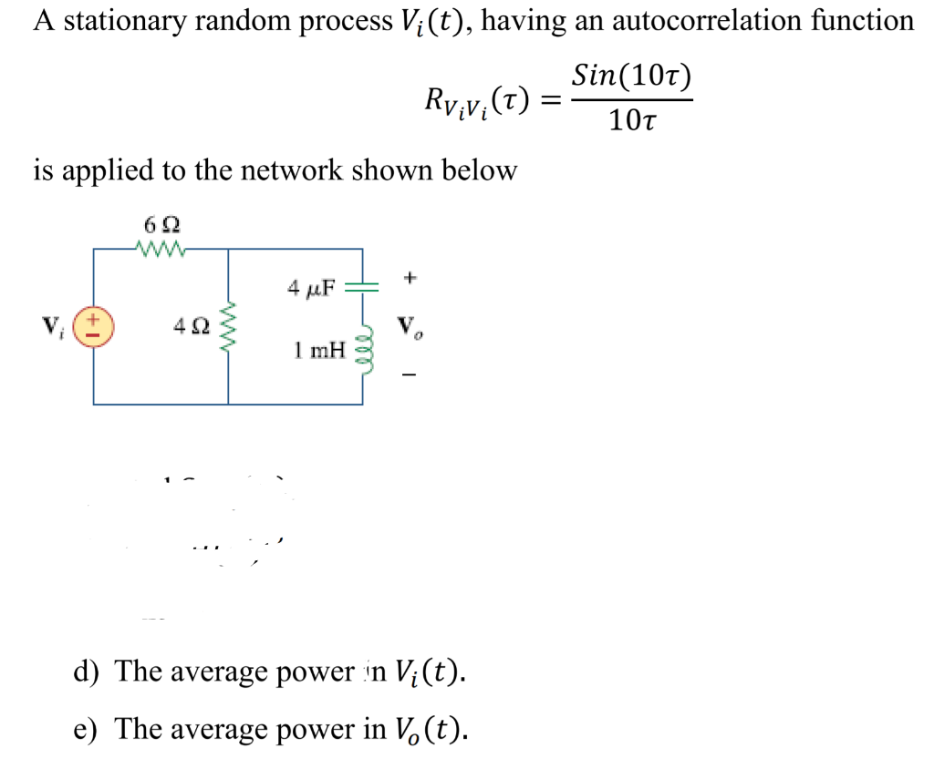 Solved A stationary random process Vi(t), having an | Chegg.com