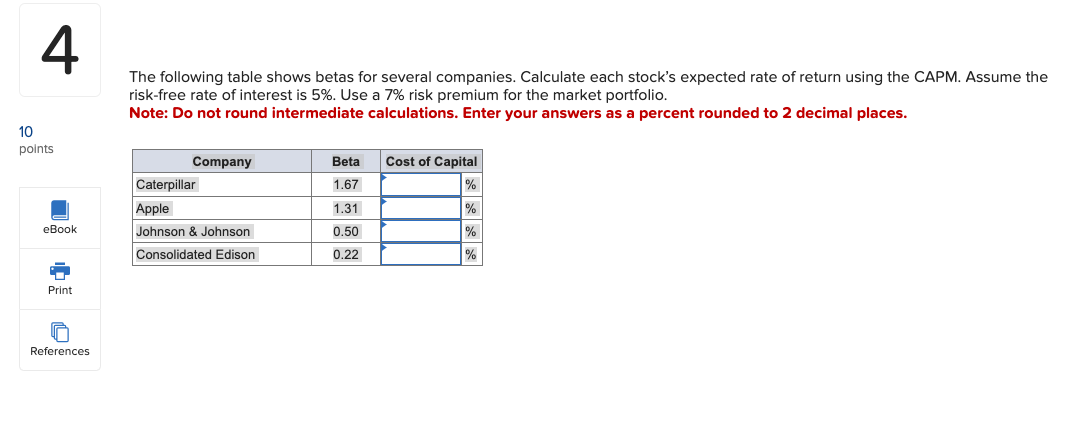 Solved The following table shows betas for several | Chegg.com
