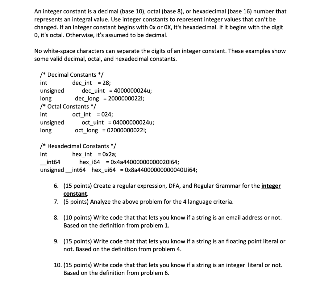 Solved An Integer Constant Is A Decimal base 10 Octal Chegg