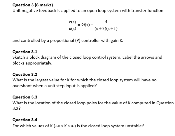 Solved Question 3 (8 marks) Unit negative feedback is | Chegg.com