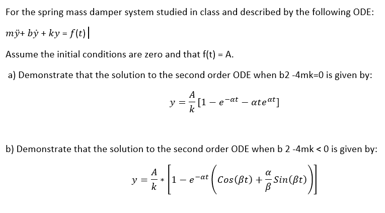 Solved For the spring mass damper system studied in class | Chegg.com