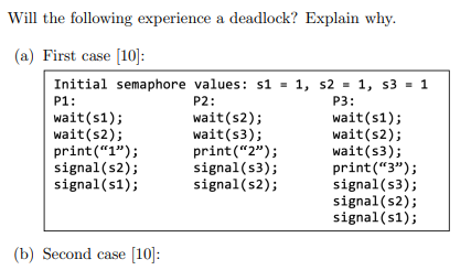 Will the following experience a deadlock? Explain | Chegg.com