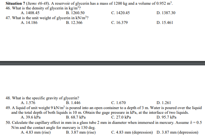 Solved Situation 7 (Items 46-48). A reservoir of glycerin | Chegg.com