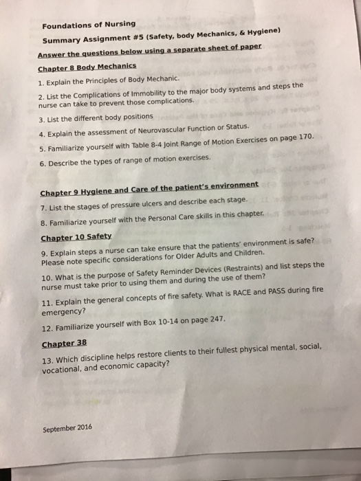 Foundations of Nursing Summary Assignment #5 (Safety, | Chegg.com