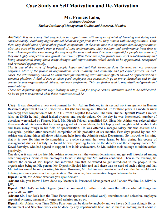 Solved Case Study on Self Motivation and De-Motivation Mr. | Chegg.com