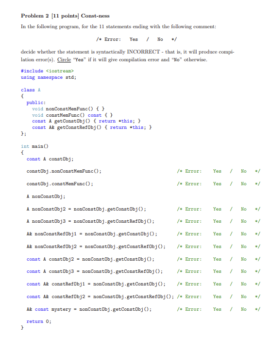 Solved Problem 2 [11 ﻿points] ﻿Const-ness In the following | Chegg.com