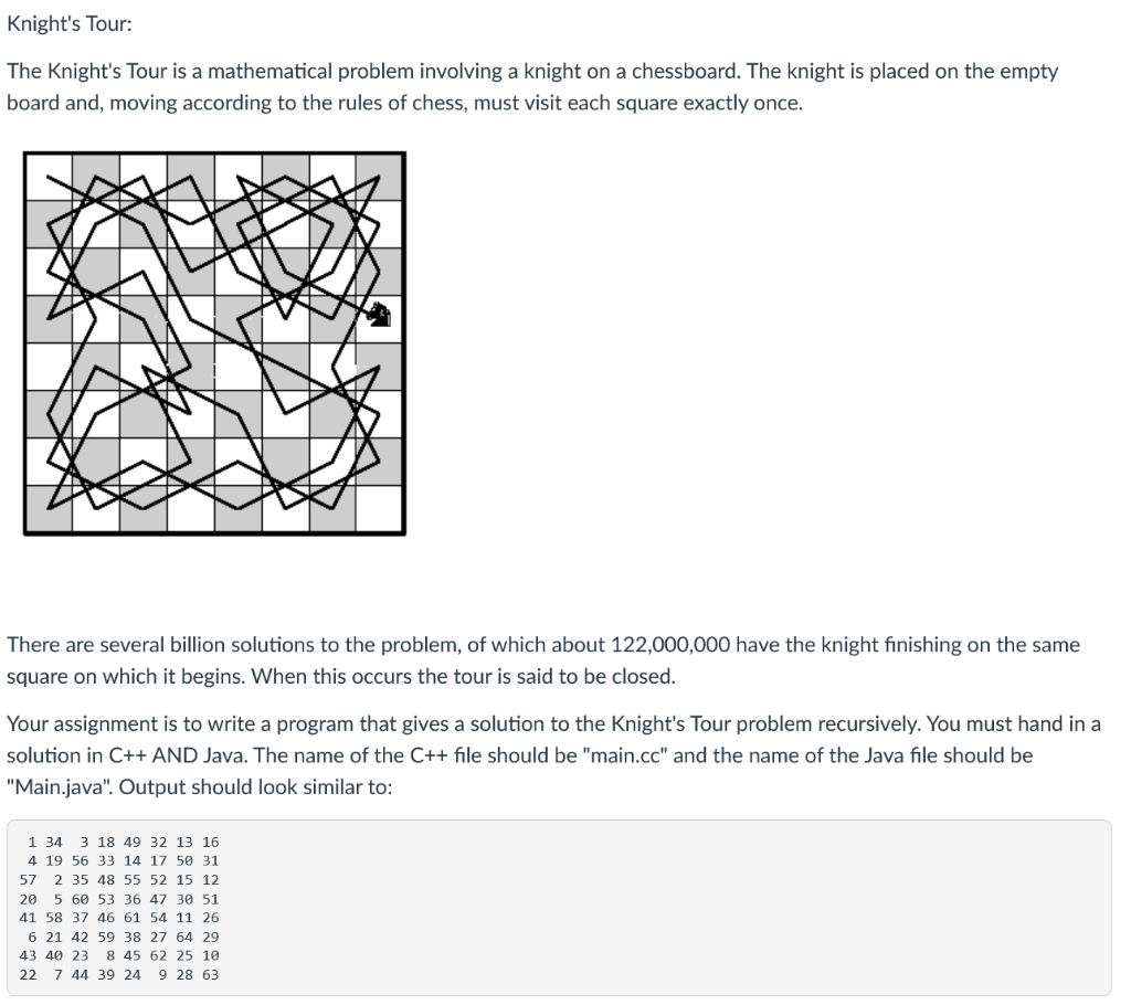 Solved Knight's Tour: The Knight's Tour is a mathematical | Chegg.com