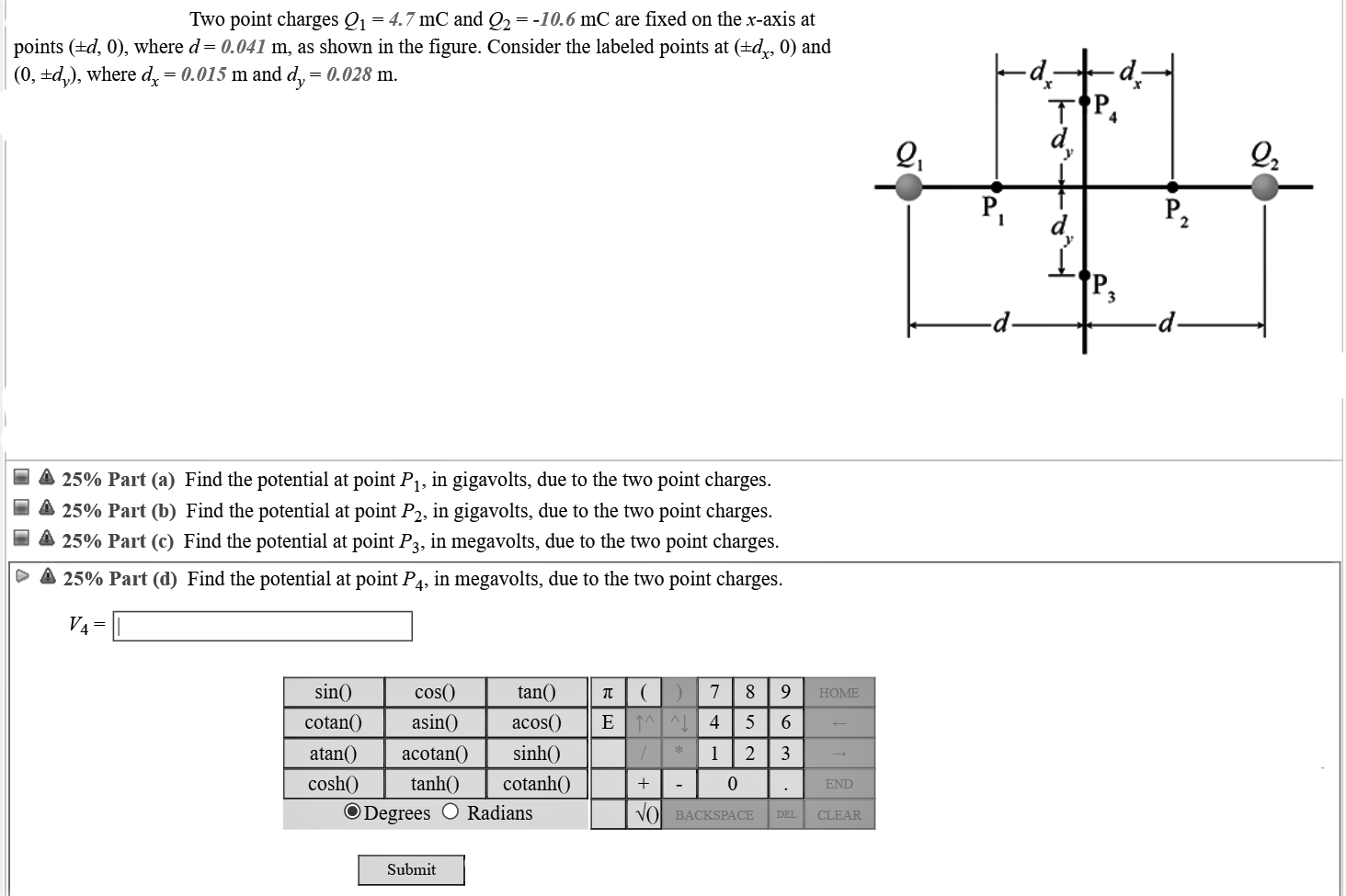 Solved Two point charges Q1 = 4.7 mC and Q2 =-10.6 mC are | Chegg.com