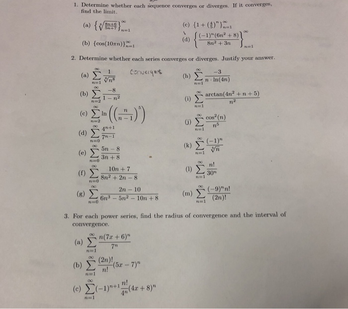 Solved 1. Determine whether each sequence converges or | Chegg.com