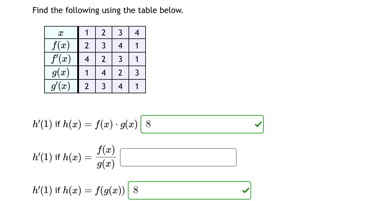 Solved Find the following using the table below. h′(1) if | Chegg.com