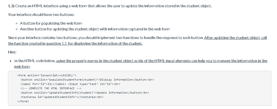 Solved 1) Displaying and Updating Objects 1.1) Create an | Chegg.com