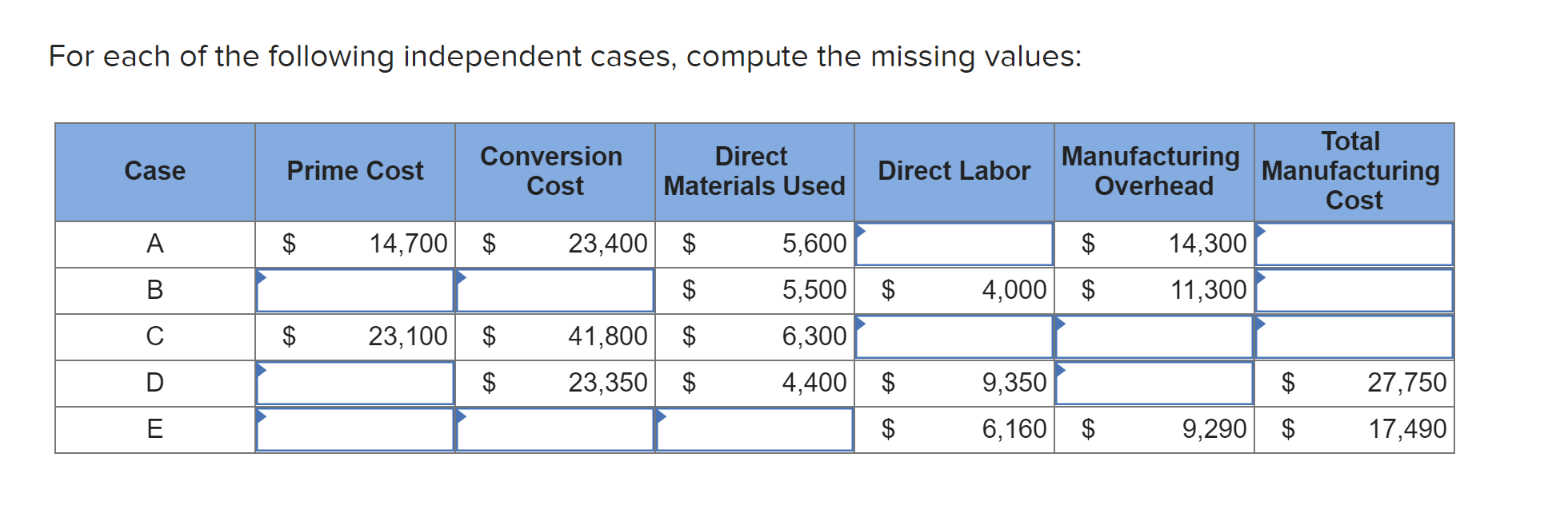 Solved For each of the following independent cases, compute | Chegg.com