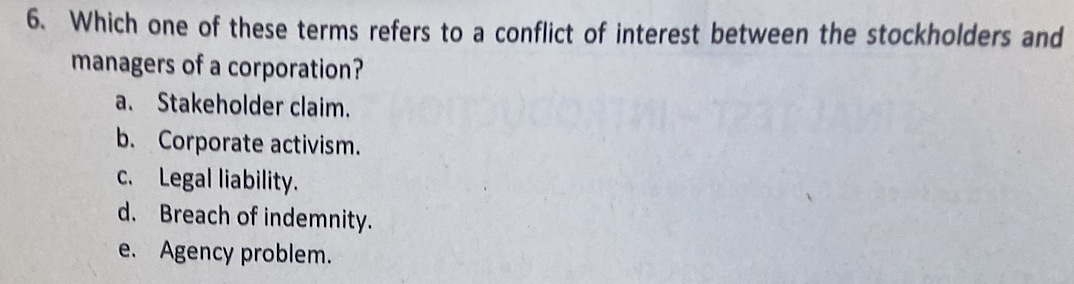 Solved 6. Which one of these terms refers to a conflict of | Chegg.com