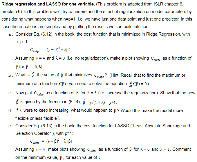 Ridge regression and LASSO for one variable. (This | Chegg.com