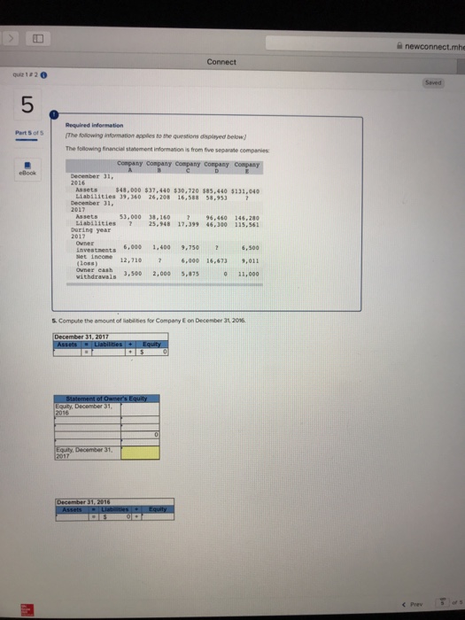Solved newconnect.mhe Connect Saved 5 Required information | Chegg.com