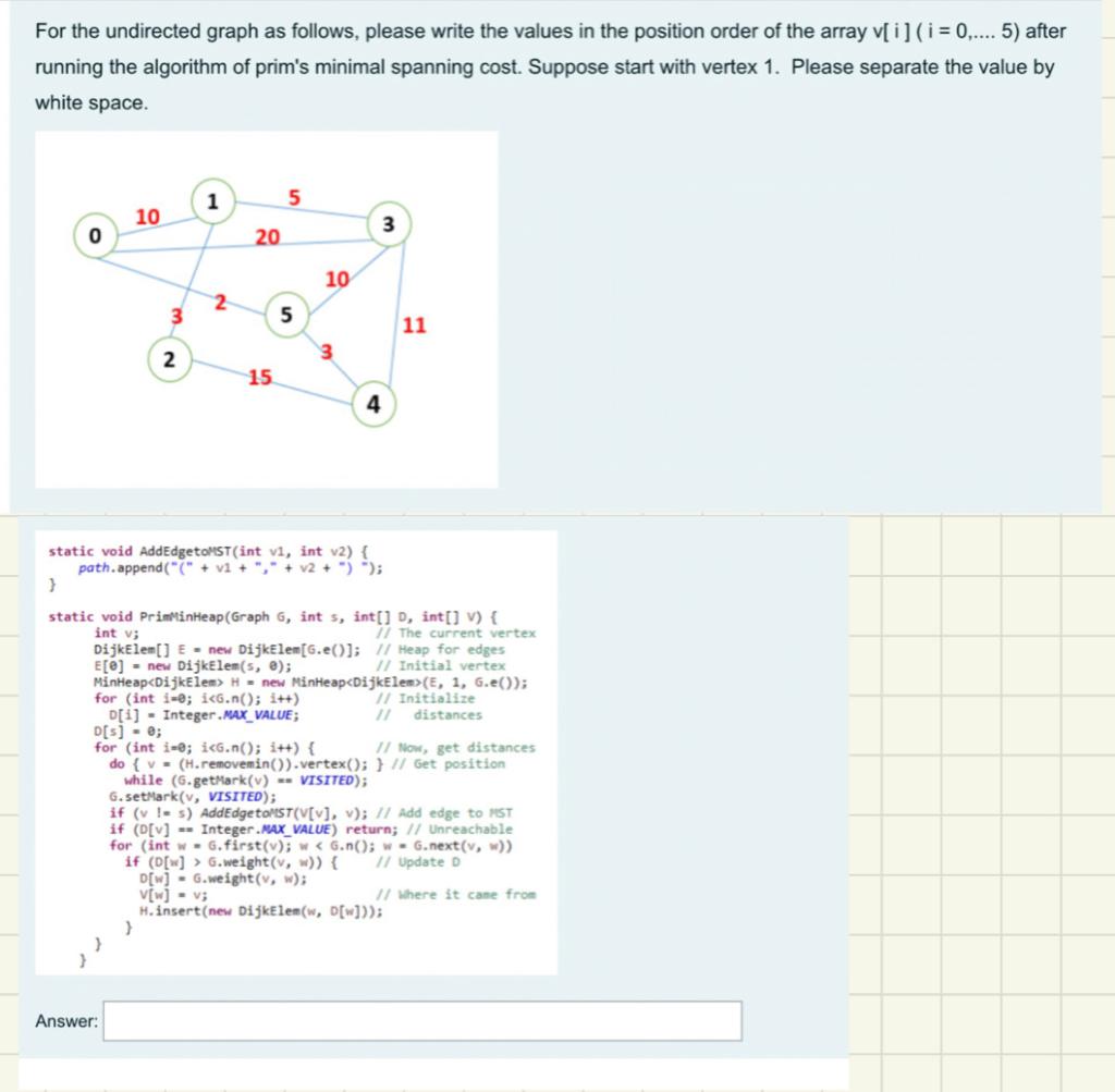 For the undirected graph as follows, please write the | Chegg.com