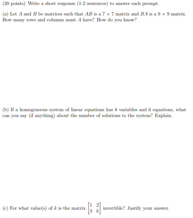 Solved (20 points) Write a short response (1-2 sentences) to | Chegg.com